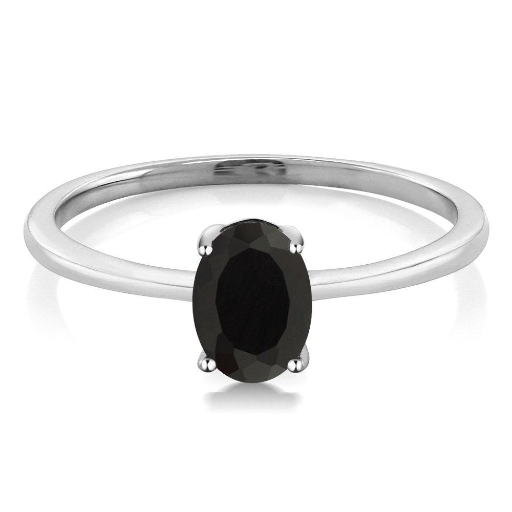 Gem Stone King 10K White Gold Black Onyx Solitaire Engagement Ring For Women (0.80 Cttw, Oval 7X5MM, Gemstone December Birthstone, Size 5)