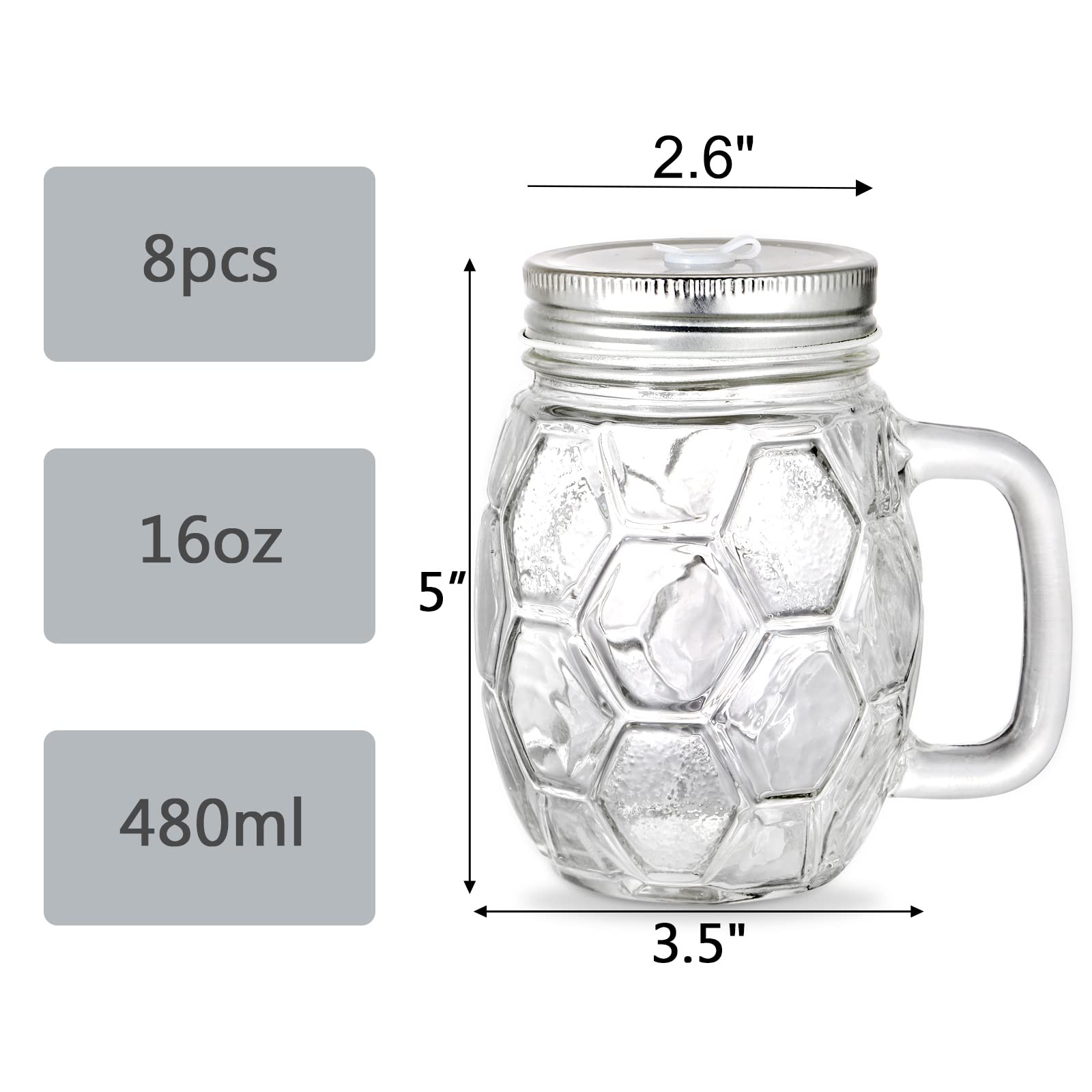 Hiceeden 8 Pack Glass Mason Jars with Lids and Straws, 16 Oz Mason Jar Drinking Glasses with Handle, Mason Mugs Cups with Honeycomb Pattern for Juice, Iced Coffee, Milk Tea, Smoothie, Cocktail
