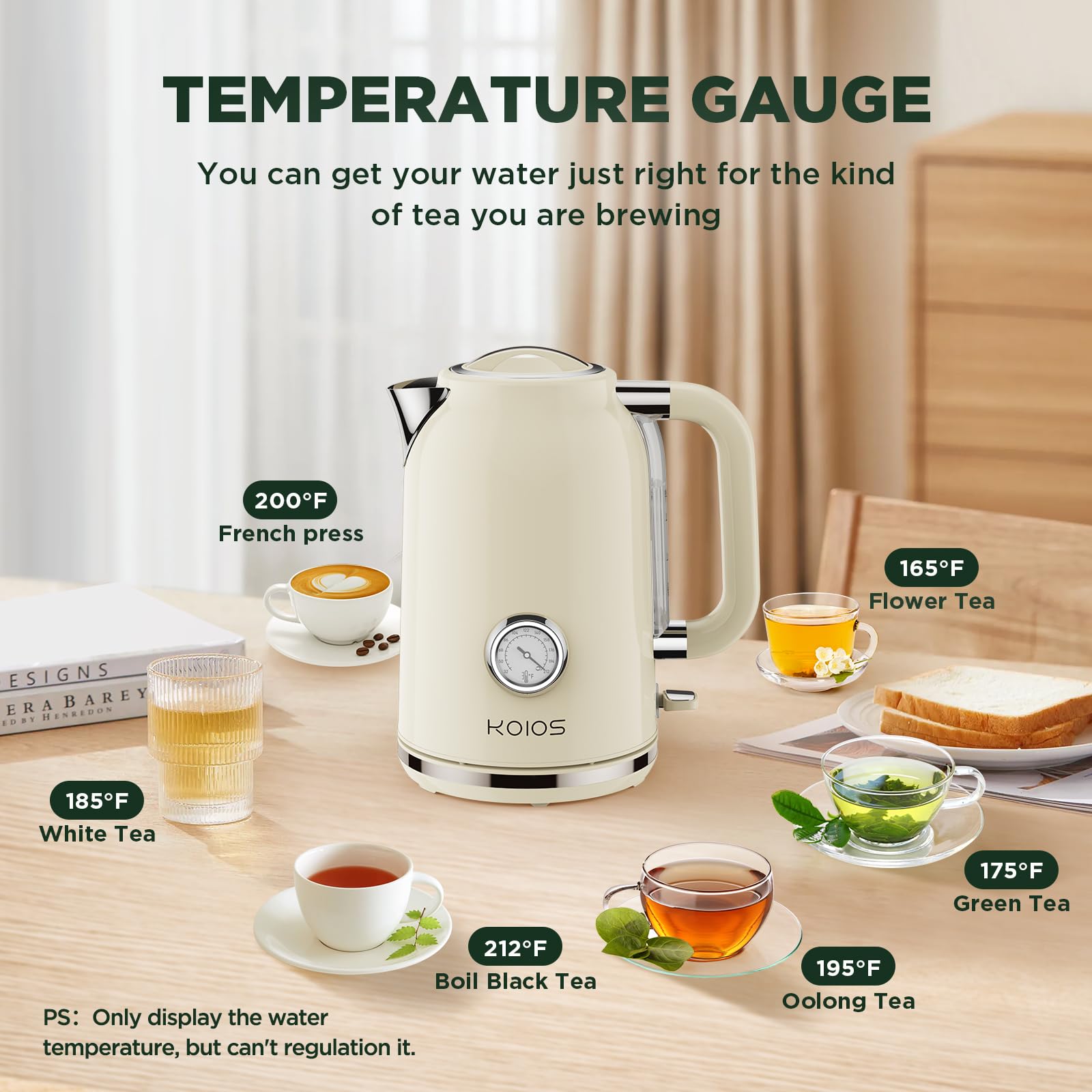 KOIOS Electric Kettle,1.8L 1500W Tea Kettle Water Boiler, Double Wall Protect 100% Stainless Steel Quick Boil Hot Water Teapot, Auto Shutoff, Hot Water Kettle for Tea and Coffee, ETL tested, White