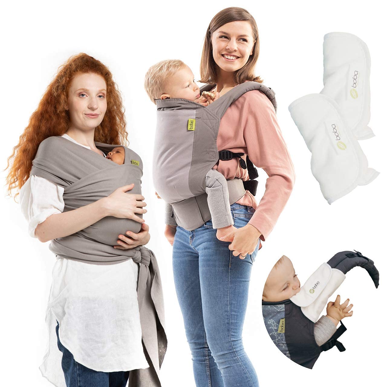 Grey Boba Wrap, Dusk Boba 4GS Soft Structured Carrier, and Organic Teething Pads