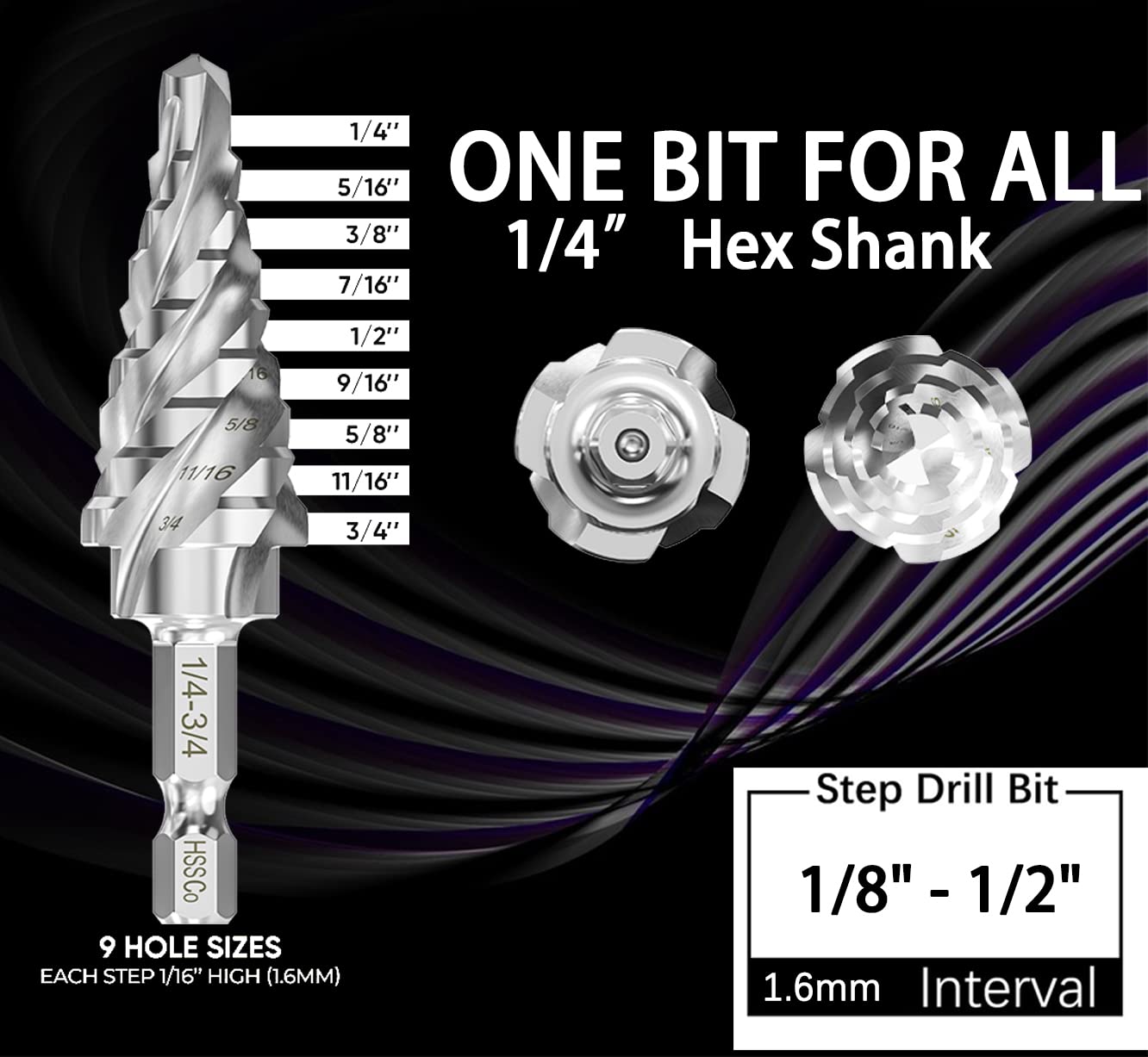 M35 Cobalt Step Drill Bit 1/4" - 3/4"(9 Sizes),Four Helical Flutes, 1/4" Hex Shank Drill.M35 Cobalt Step Drill Bit for Working Metal, Wood, Aluminum, Plastic, Great for DIYers