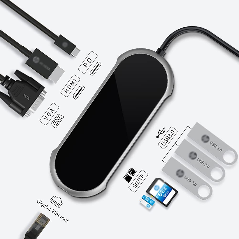 Hub Dock Adapter Docking Station 9 in 1 USB C Dock USB C Hub Adapter with HDMI, VGA, PD 100W, Ethernet, SD/TF Card Reader, 3 USB 3.0 Port Computer Accessories