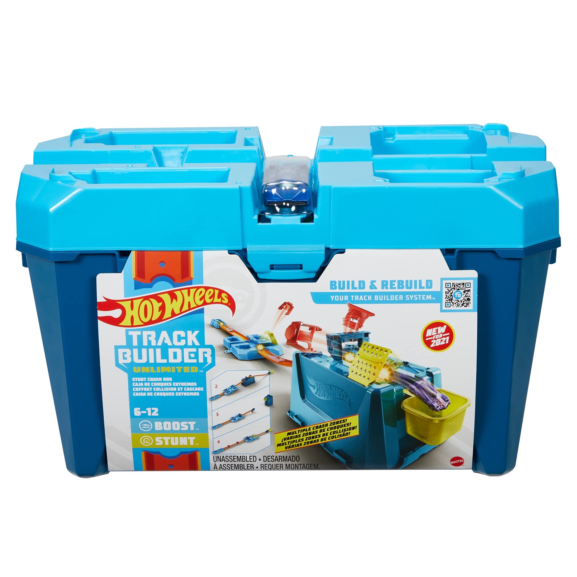 Hot Wheels Track Builder Unlimited Stunt Crash Box Playset with 18 Building Components in Storage Box with Lid & One 1:64 Scale Hot Wheels Car, Awesome Gift for Kids 6 to 12 Years Old