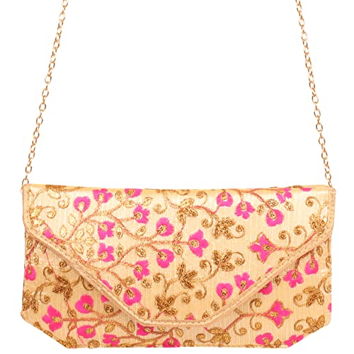 INDTRESOR beaded handcrafted embroidered evening purse handbag vintage party wedding gift for women. Pink Gold