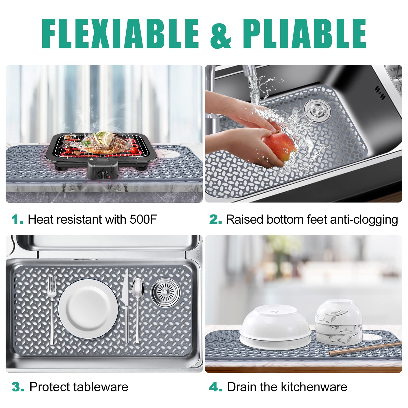 JUSTOGO Silicone Sink Mat 28.2''x 14.2'', Grey Sink Protectors for Kitchen Sink Grid Accessory, 1 PCS Non-slip Sink Mats for Bottom of Kitchen Farmhouse Stainless Steel Porcelain Sink Right & Left