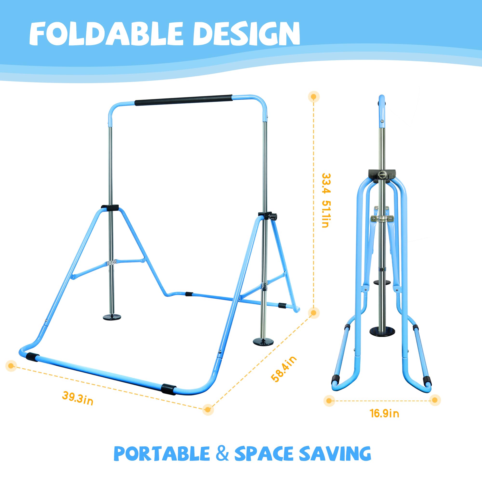 Kangaroo Hoppers Kids Gymnastics Bar & Gymnastics Mat for Home, Height Adjustable Foldable Junior Training Bar, 5-Panel Tumbling Mats 3 FT x 6 FT, Blue