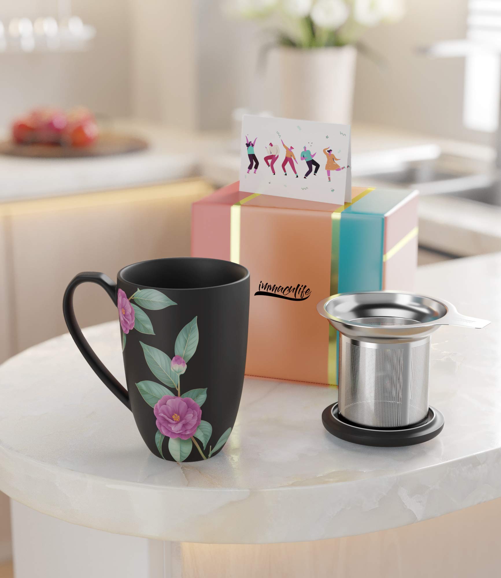 immaculife Tea Cup with Infuser and Lid Ceramic Tea Mug with Lid Teaware with Filter 16oz, Black Floral Print