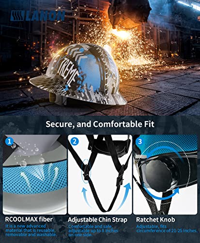 LANON Full Brim Hard Hat, OSHA Construction Work Approved, Blue Pattern Design, FRP Safety Helmet with 4 Point Adjustable Ratchet Suspension, Class C