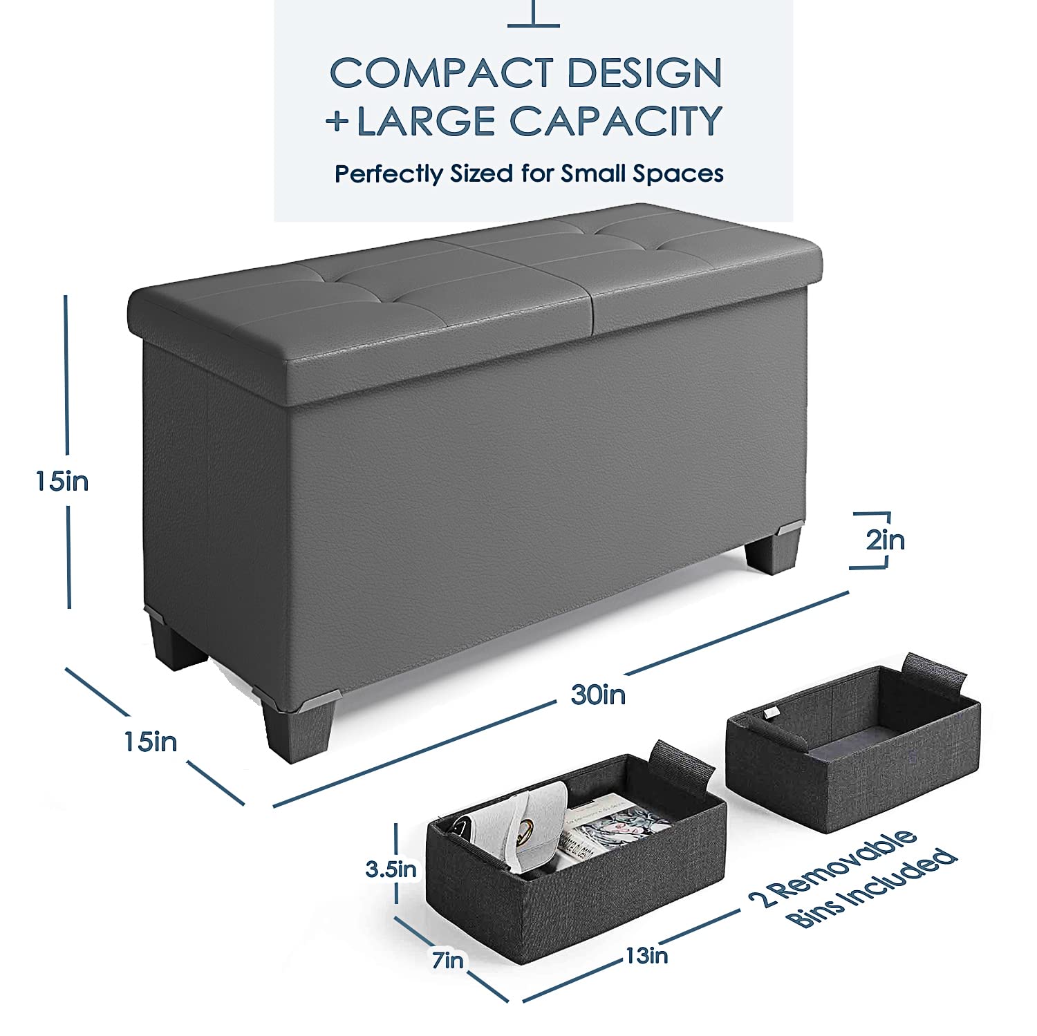 Hearth & Harbor Grey Faux Leather Storage Ottoman Bench with Removable Legs, 30-in, 660-lb Capacity