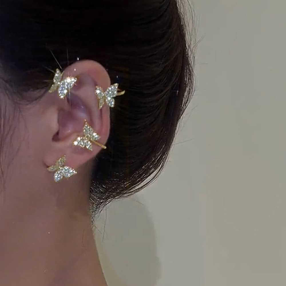 Jumwrit Rhinestone Butterfly Ear Cuffs Non Piercing Ear Clips Ear Cuffs Climber Crawler Earrings Ear Wrap Around Earrings for Women and Girls(Gold)