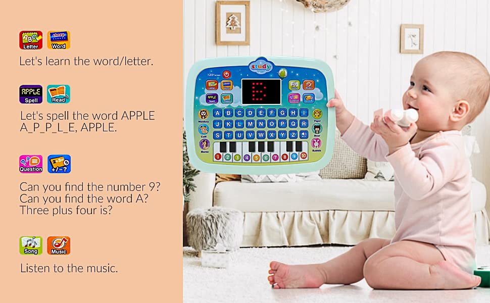 Kid Tablet Toddler Learning Pad Interactive Toy with Screen -Educational Toys Fun Gifts -Music/Piano/ABC/Numbers/Words/Spell/Animals - for Boys&Girls 3+ (Blue)……