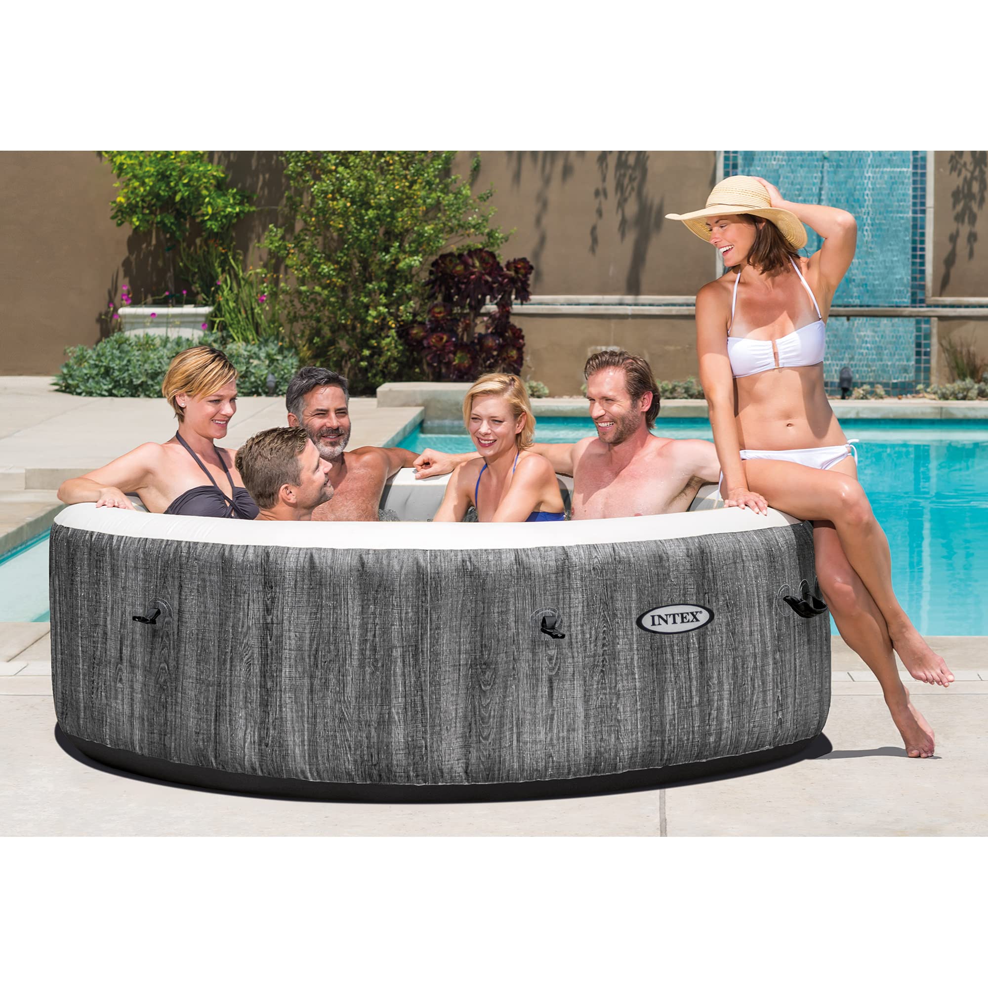 Intex 28441EP PureSpa Plus Greywood 85" x 28" Inflatable Hot Tub Bubble Jet Spa with Battery Powered Multi-Colored LED Light for Spas and Hot Tubs