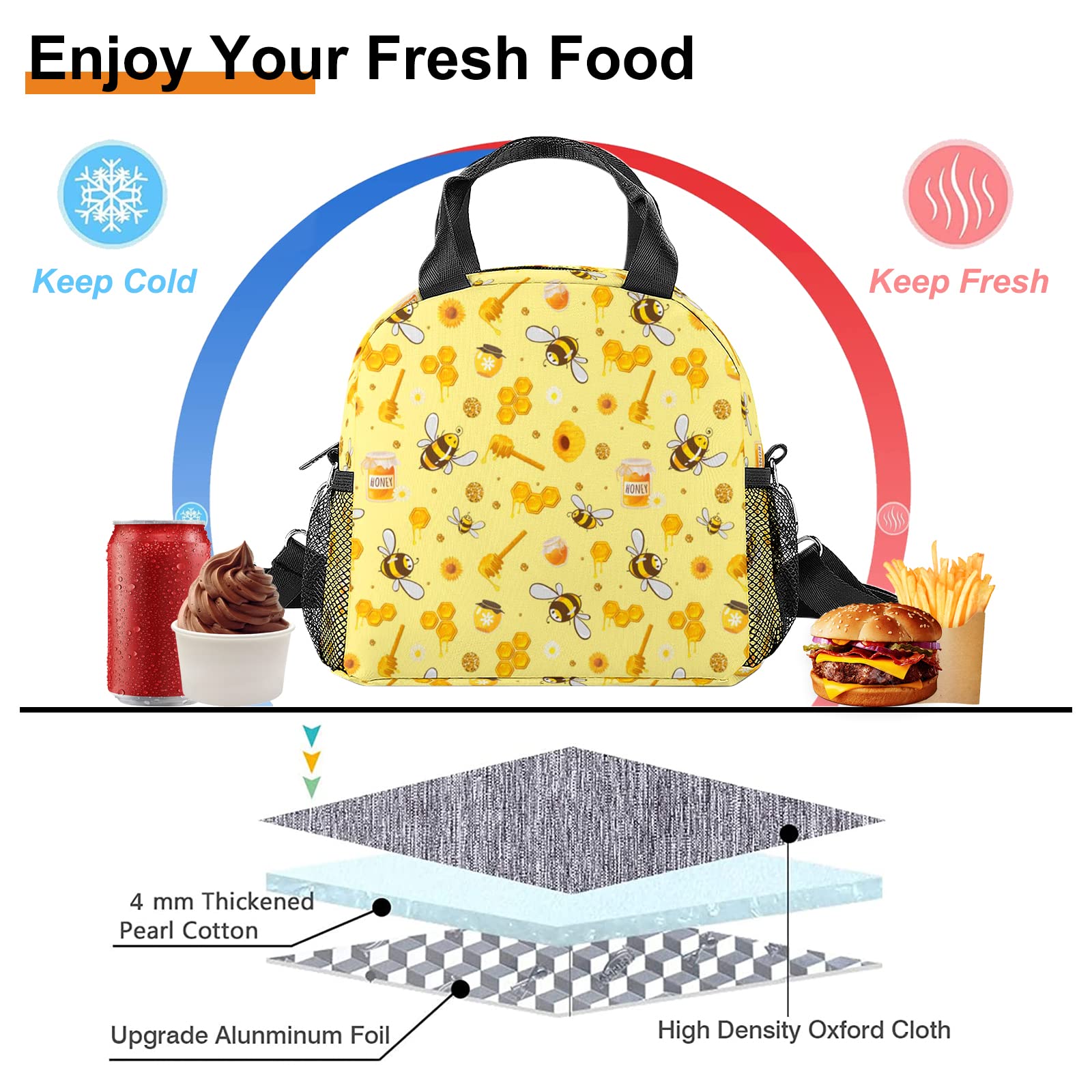Lamtwbos Cute Yellow Bee Insulated Lunch Bag for Girls Lightweight Lunch Box with Adjustable Shoulder Strap Thermal Lunch Tote Bag Women for Work Picnic