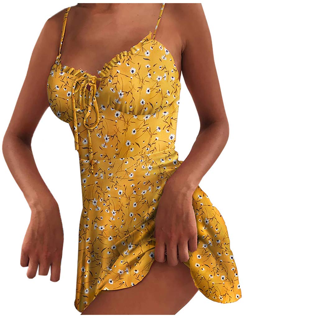 Hotkey Womens Summer Dresses Casual Spaghetti Strap Floral Printed Swing Mini Sundress Built in Bra Yellow
