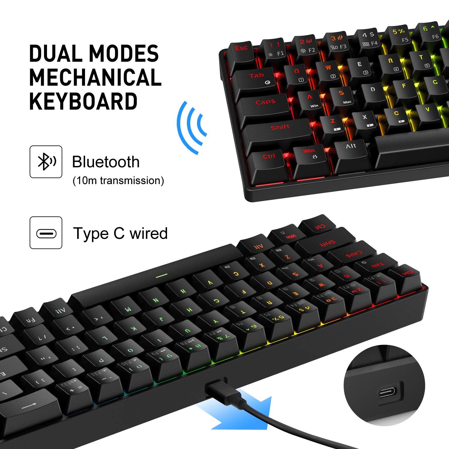 Havit 60% Wireless Mechanical Keyboard and Wired Mouse, Bluetooth 5.1 & Type C Wired 68 Keys Gaming Keyboard Brown Switch,Programmable Gaming Mouse for Multi-Device PC Laptop Gamer (Black)