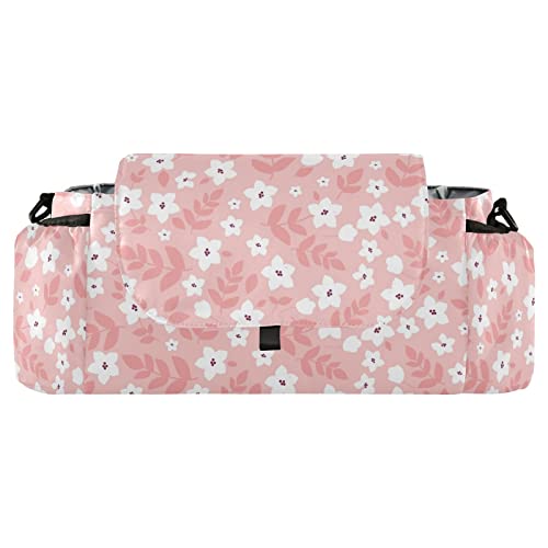 Kigai Flowers on Pink Baby Stroller Organizer with Cup Holders, Secure Hooks Accessories Adjustable Strap Stroller Bag for Bottle, Diaper, Phone, Toys, Baby Items