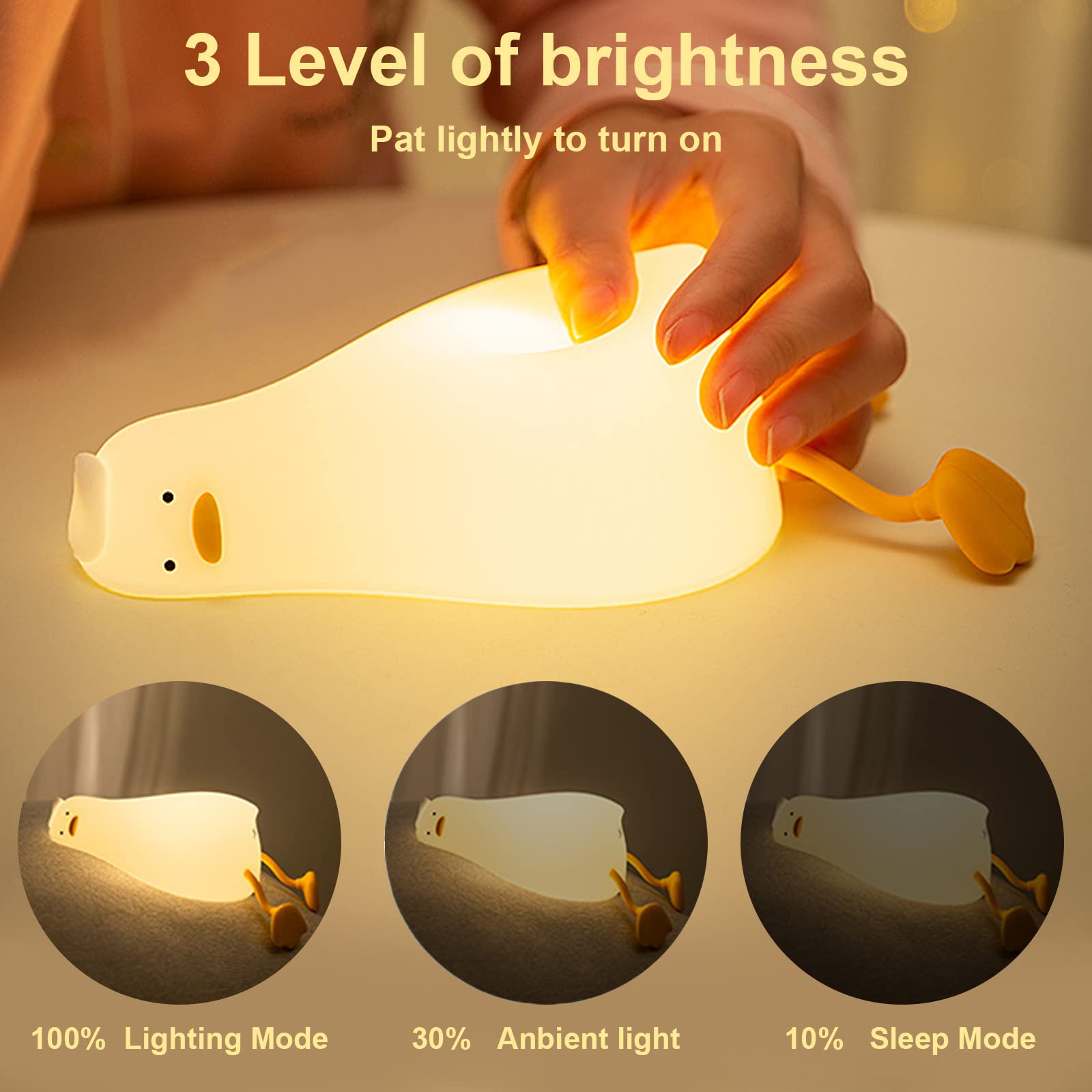 LED Lying Flat Duck Night Light, 3 Level Dimmable Nursery Nightlight, Cute Silicone Squishy Light Up Duck,Rechargeable Bedside Touch Lamp