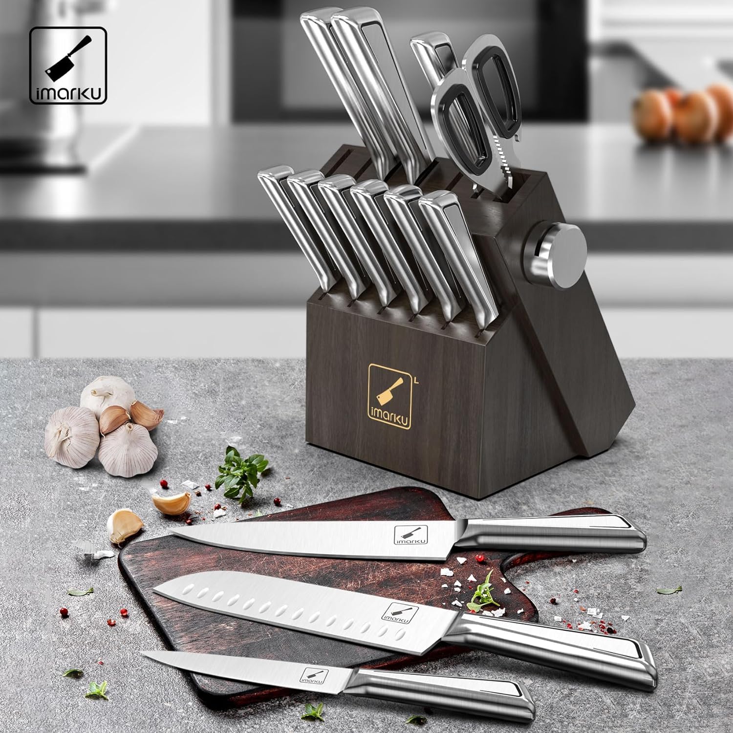 Knife Sets for Kitchen with Block imarku G14 Japanese Knife Set Stainless Steel Kitchen with Block 14pcs, Built-in Sharpener, Sharp Knife Block Set with Non-slip Ergonomic Handles - Dishwasher Safe
