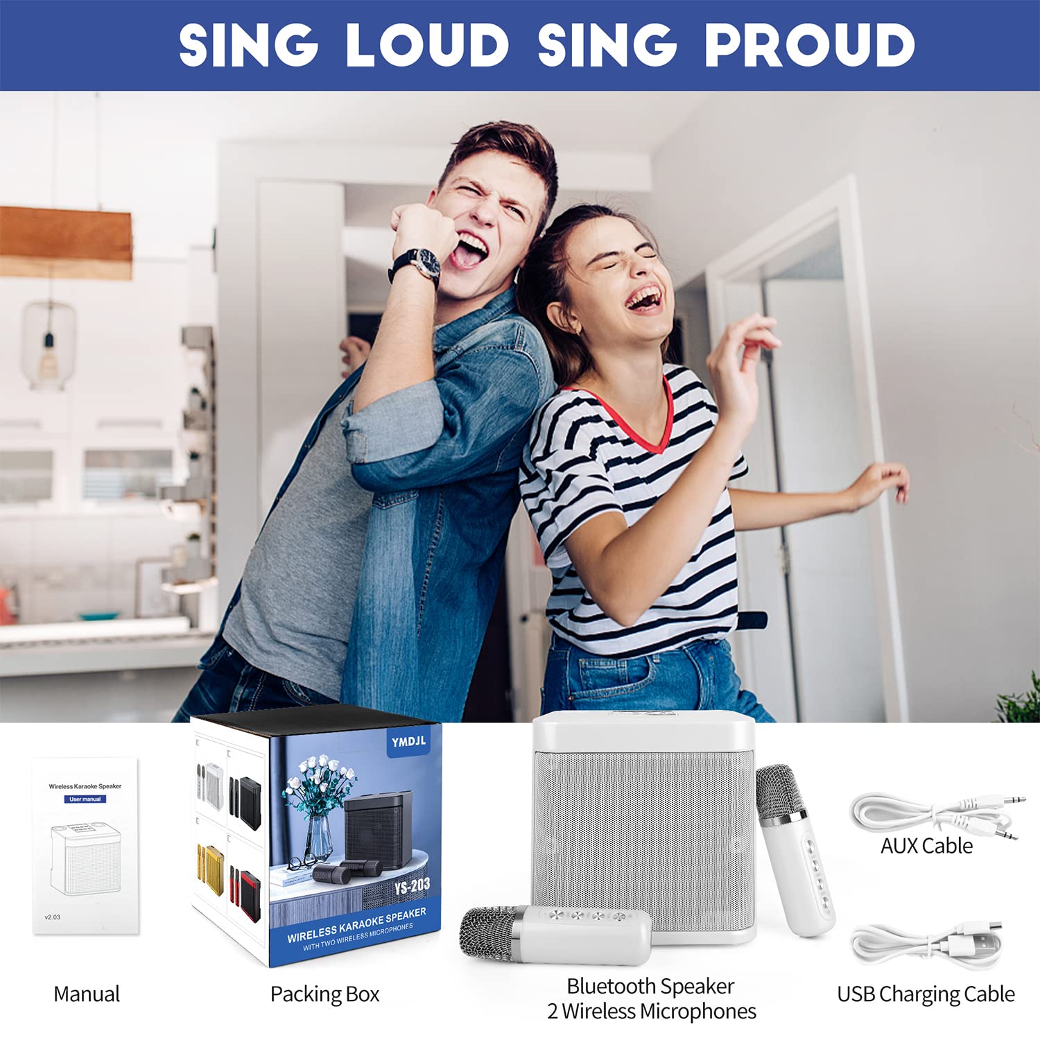 Karaoke Machine with 2 Wireless Microphone,Portable Bluetooth Speaker with HD Sound PA System Support Echo and Vocal Cut,USB,SD, AUX input for Party, Meeting, Wedding, Home and Outdoor (White)