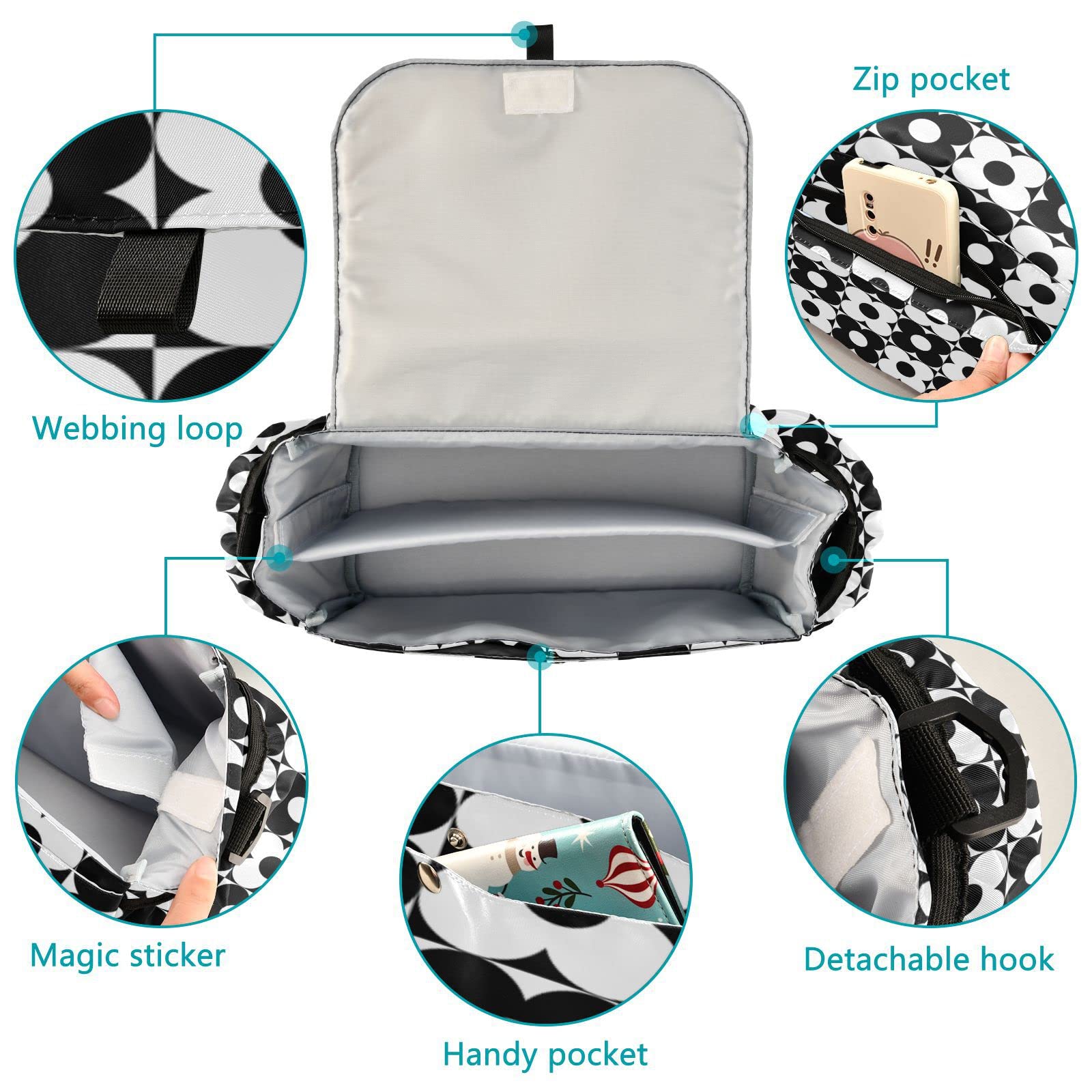 Kigai Modern Flower Tile Baby Stroller Organizer with Cup Holders, Secure Hooks Accessories Adjustable Strap Stroller Bag for Bottle, Diaper, Phone, Toys, Baby Items