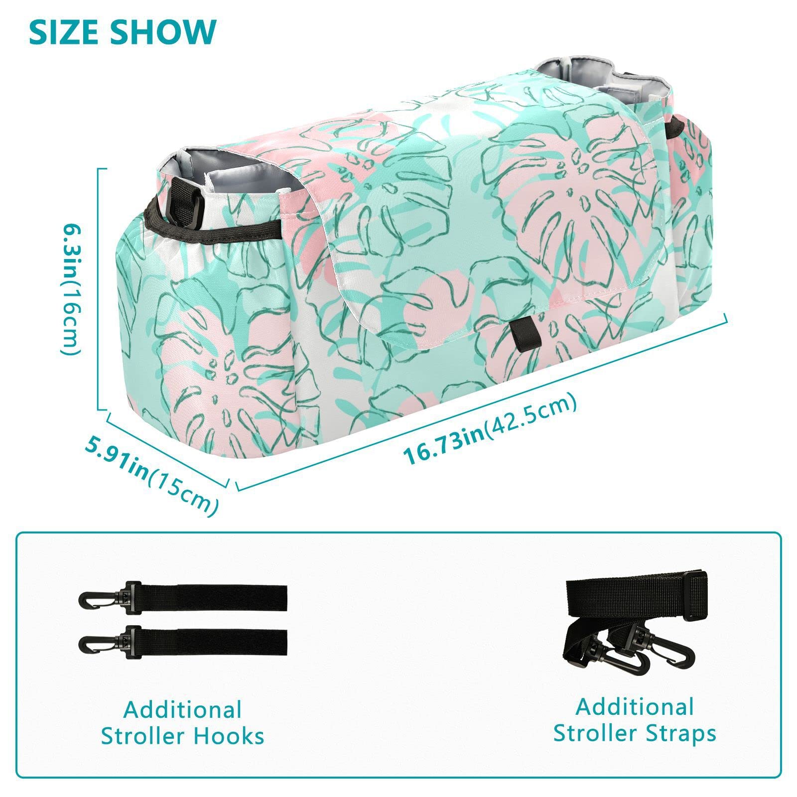 Kigai Monstera Leaf Baby Stroller Organizer with Cup Holders, Secure Hooks Accessories Adjustable Strap Stroller Bag for Bottle, Diaper, Phone, Toys, Baby Items