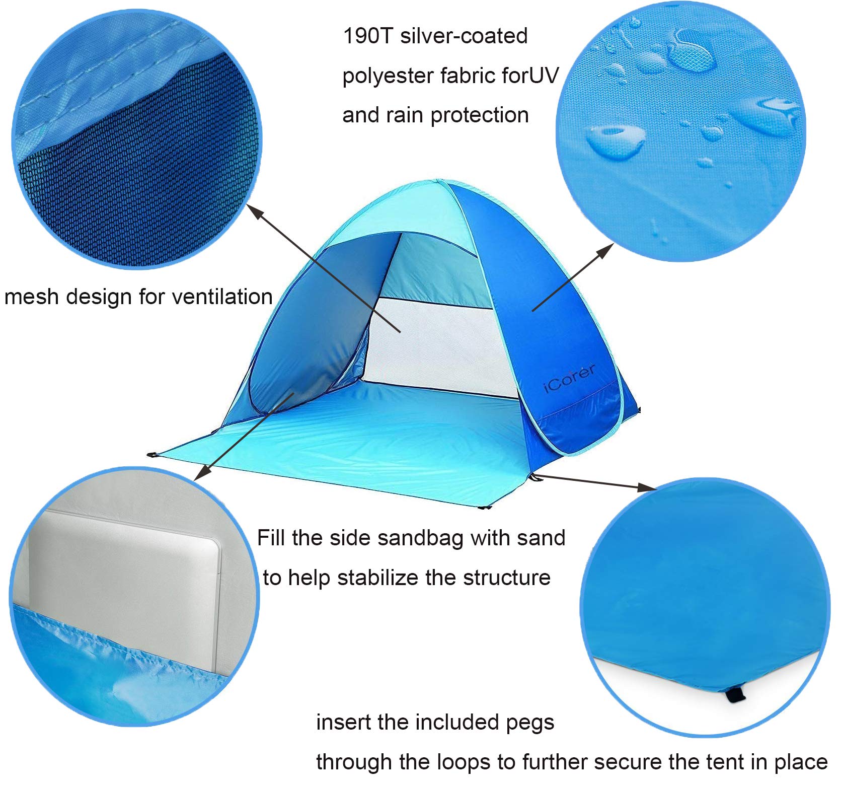 Havon Beach Tent Large Pop up Tent Camping Sun Shelter Anti UV Instant Beach Shade for 2-3 Person Blue