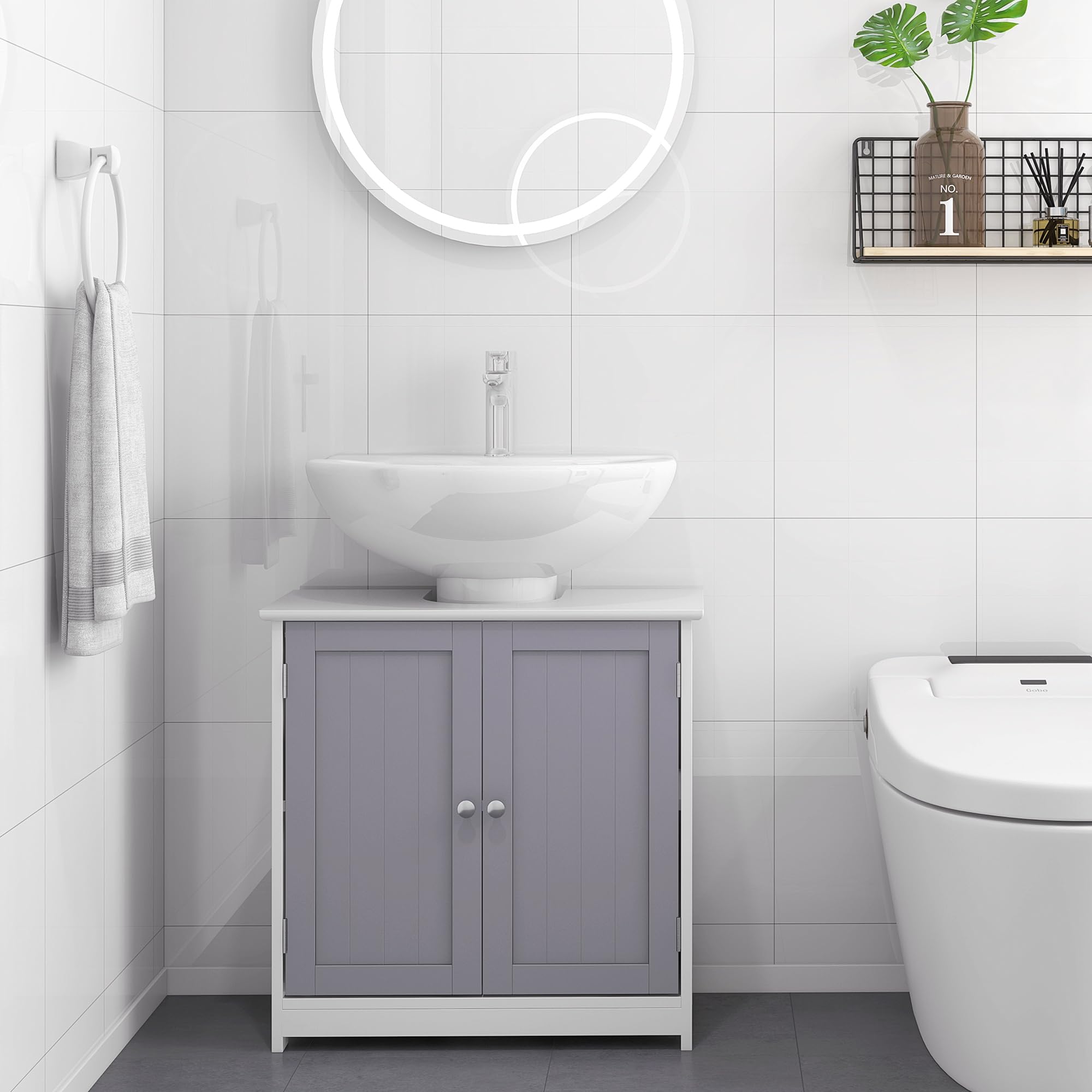 kleankin Pedestal Sink Storage Cabinet, Vanity Base Cabinet, Under Sink Bathroom Cabinet with U-Shape Cut-Out and Adjustable Internal Shelf, White and Gray