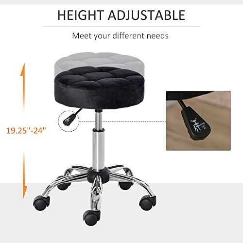 HOMCOM Round Rolling Stool with Height Adjustable Lift, Vanity Chair with Luxury Style Upholstery, Office Chair with Swivel Seat and Wheels for Work Spa Salon, Black