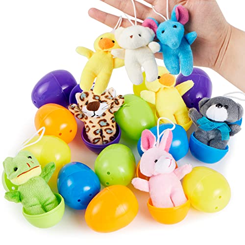 JOYIN 15 Pcs Prefilled easter eggs with Plush Animals for Kids, Filled with Mini Animal Keychain for Easter Basket Stuffers easter egg Hunt, Party Favors and Classroom Prize Supplies