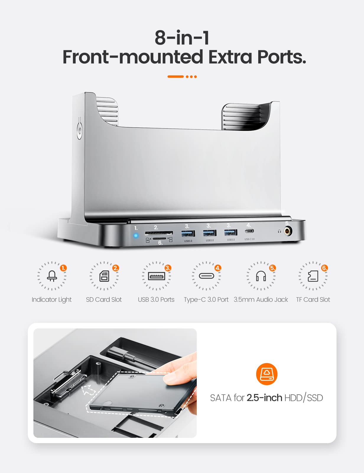Mac Mini Stand Space, Dofuhem Silver ABS Dock for Mac Mini, 8-in-1 Dock Station Holder with Power Adapter, USB 3.0 Ports/USB Hub for Data Transfer TF/SSD Slot Audio Jack/SD Card Reader HDD