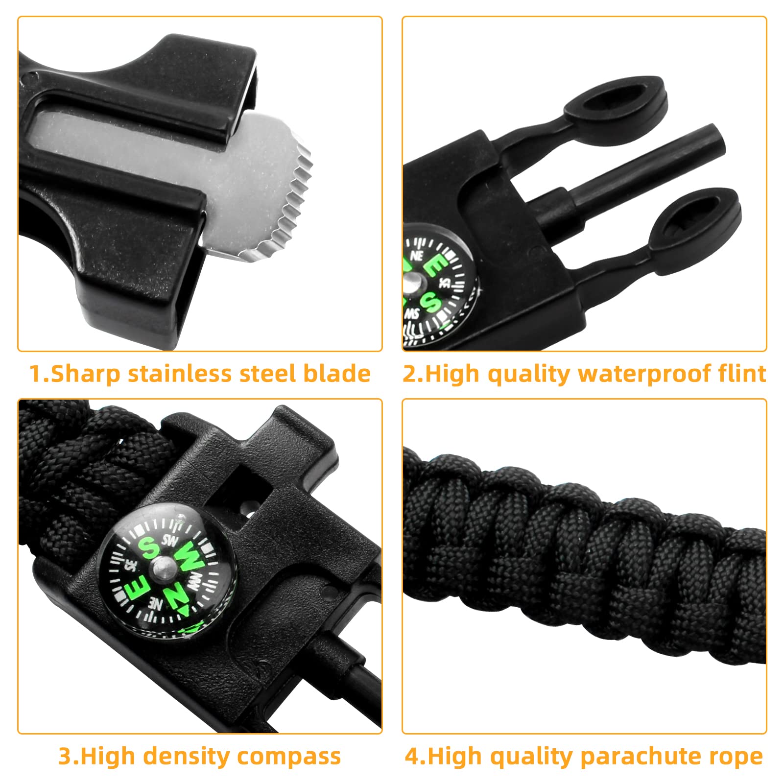 Jawflew Emergency Paracord Bracelets, Survival Bracelet with Embedded Compass Whistle Survival Fire Starter Scraper Accessories, Suit For Hiking, Camping, Fishing and Hunting (2PC, Black)