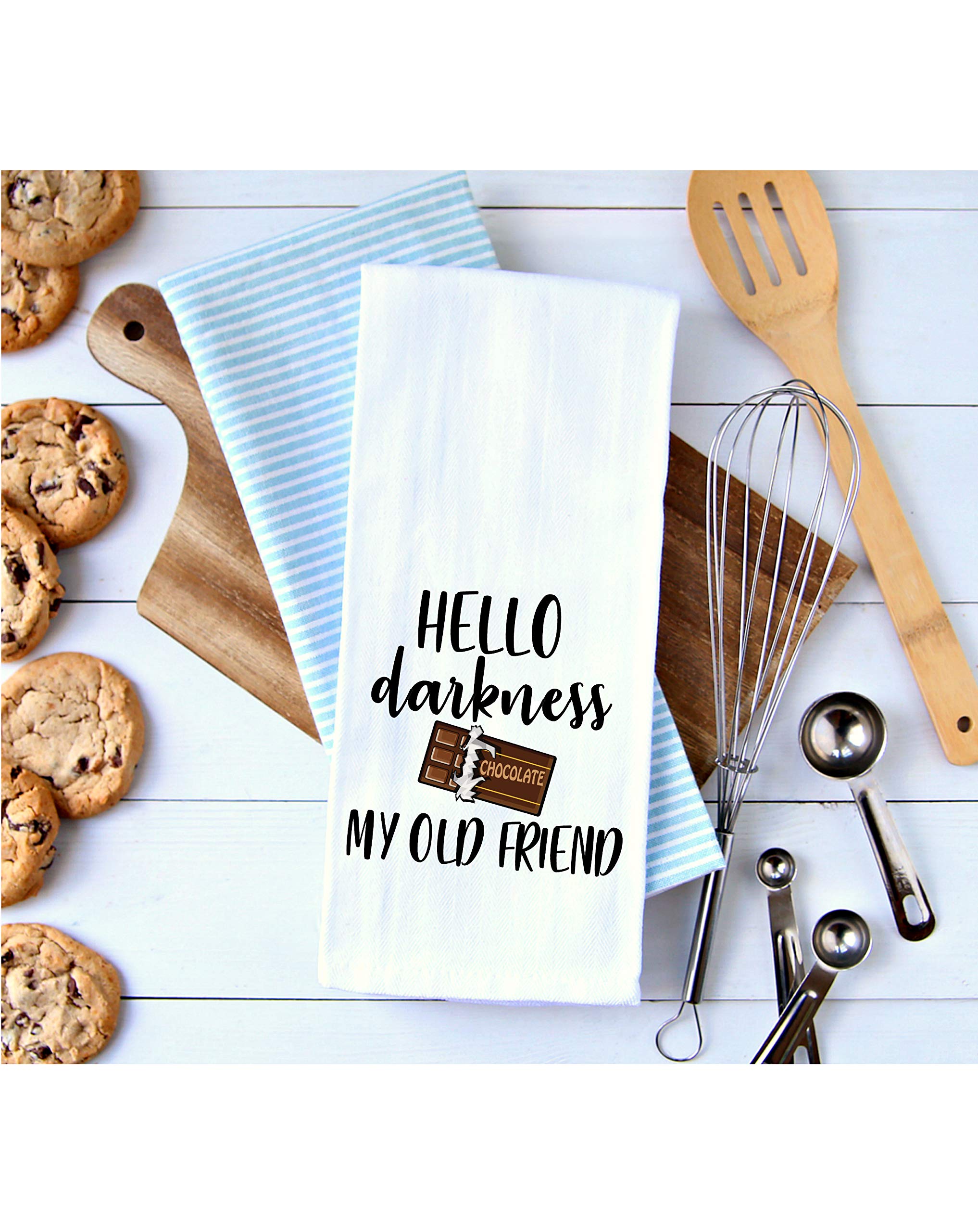 Hello Darkness My Old Friend - Dish Towel Kitchen Tea Towel Funny Saying Humorous Flour Sack Towels Great Housewarming Gift 28 inch by 28 inch, 100% Cotton, Multi-Purpose Towel