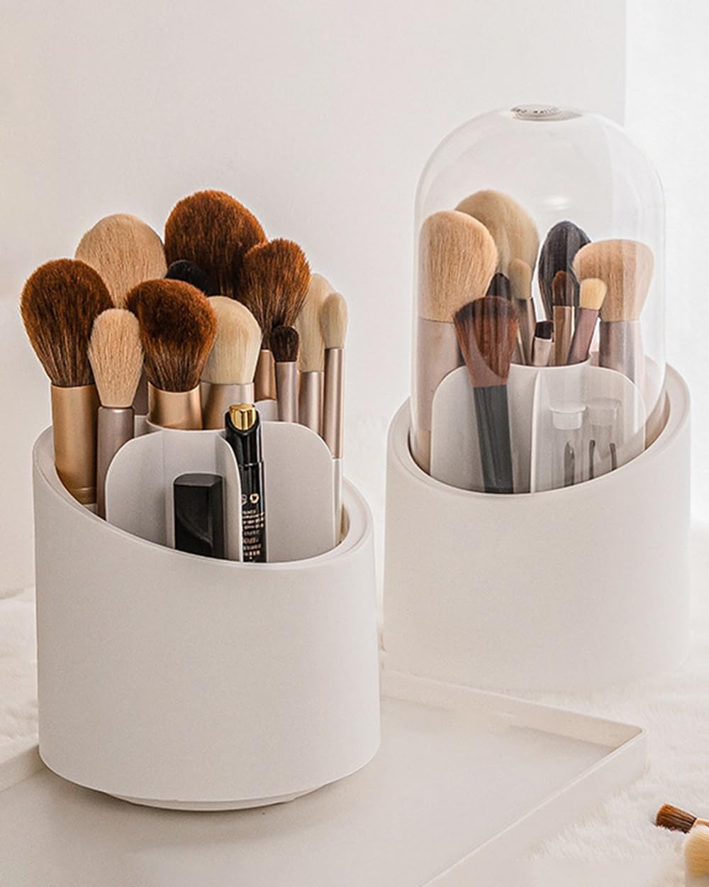 Lebenrich Makeup Brush Holder Organizer with Lid, Rotating Dustproof Make Up Brushes Container with Acrylic Cover, Spinning Cosmetics Holders Storage Cup for Vanity Desktop Bathroom Countertop
