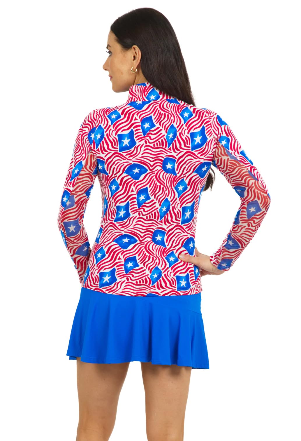 IBKUL Sun Protective UPF 50+ Icefil Cooling Tech Rylee Print Long Sleeve Mock Neck Top with Under Arm Mesh 10193 Blue/Red Rylee M