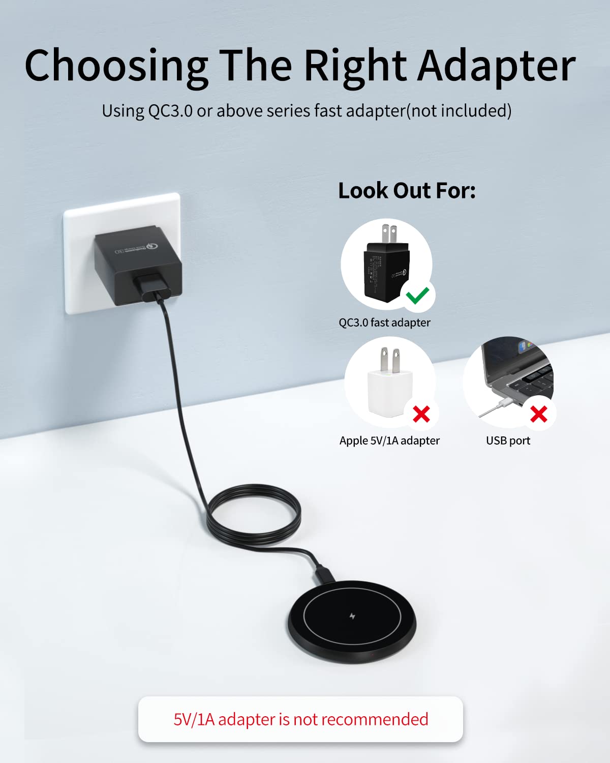 KPON Wireless Phone Charger for Popsocket/OtterBox/Thick Cases Up to 10mm - 15W Max Wireless Phone Charging Station, Compatible with iPhone 15/14/13/12(Adapter Not Include)