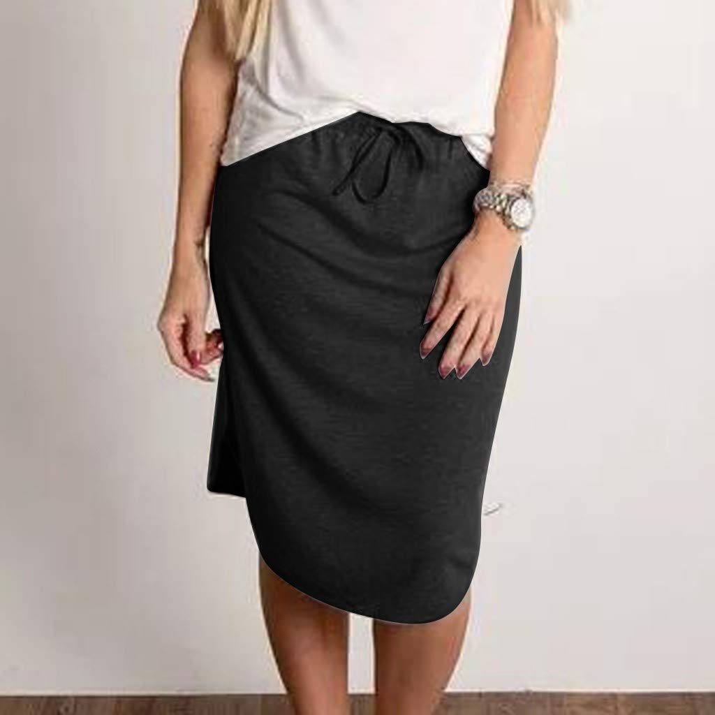 High Waist Skirts for Women Stripe Elastic Drawstring Casual Fashion Midi Skirt (L, Solid-Black)