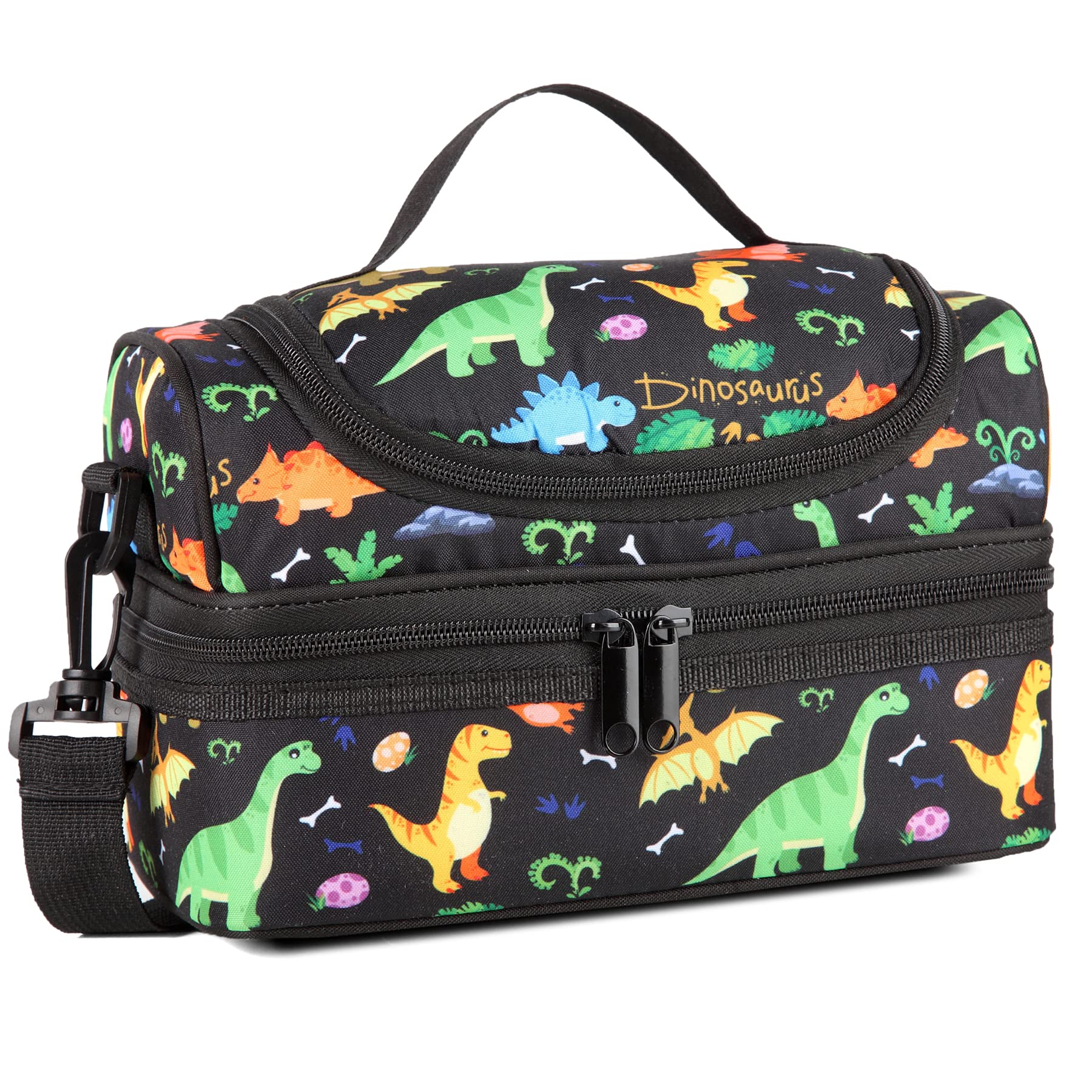 Kasqo Lunch Box Bag for Boys, Insulated Cooler Bag Kids Lunch Tote with Dual Compartments, Black Dinosaur