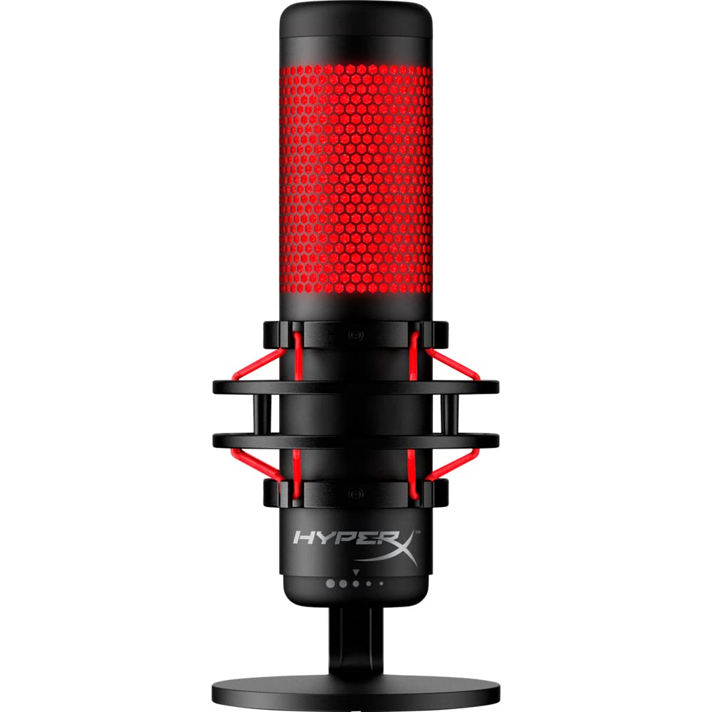 HyperX 4P5P6AA QuadCast Electret USB Condenser Microphone, Black/Red Bundle with Deco Gear Adjustable Mic Suspension Boom Scissor Arm Stand, Screw Thread Adapter and Pop Filter Microphone Wind Screen