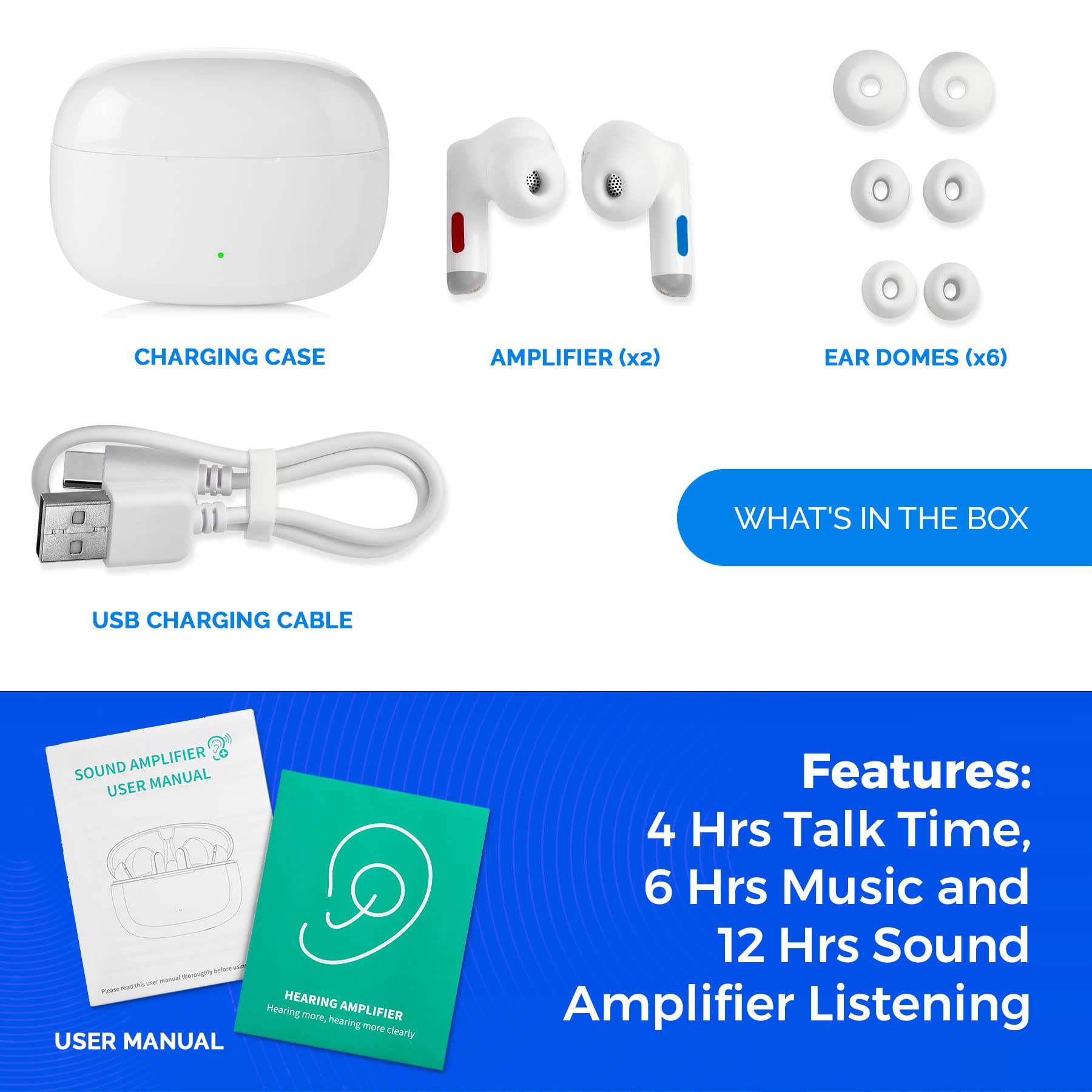 Hearing Amplifier Earbuds - Rechargeable, Wireless Bluetooth Audio and Personal Sound Enhancement Device Aids for Adults Seniors with Noise Canceling, Feedback Reduction and Portable Charging Case