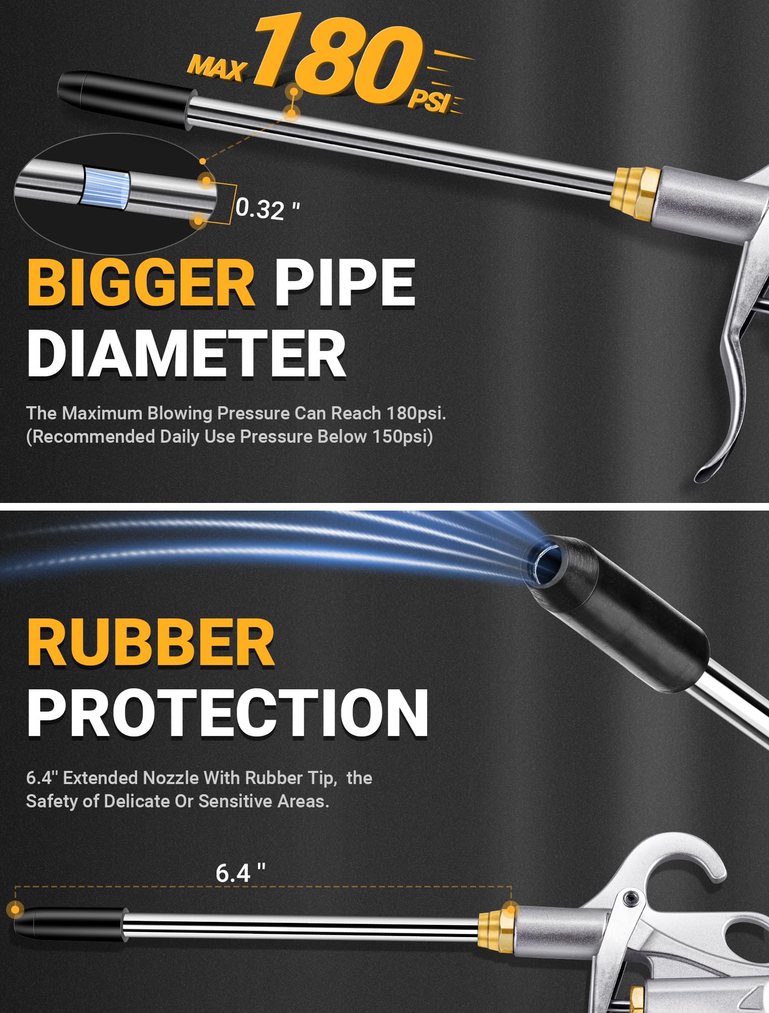 Heavy Duty Air Blow Gun Air Nozzle Blow Gun, Air Blower for Compressor with Bigger Pipe & Extended Nozzle, Pneumatic Air Compressor Accessories Tool for Car Detailing/Industrial Household Cleaning