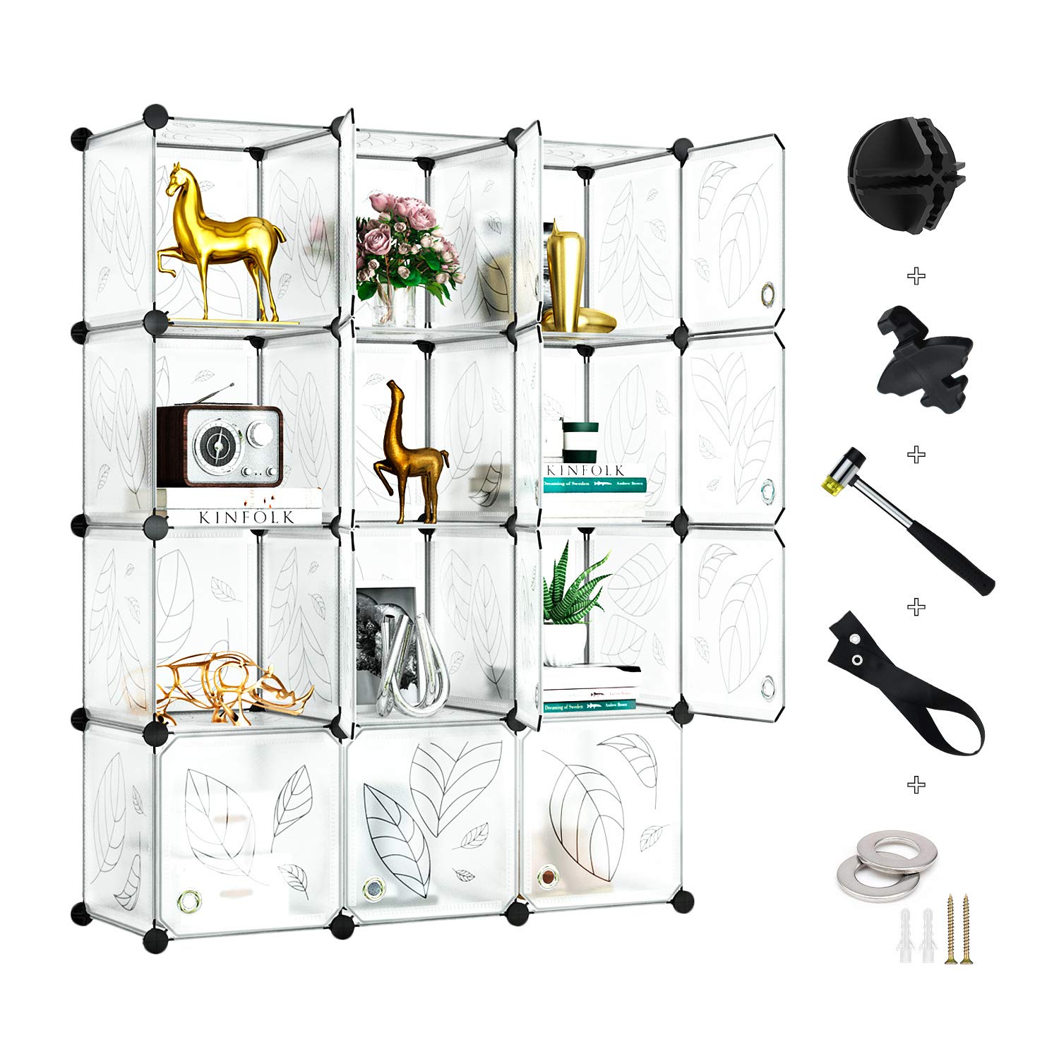 GREENSTELL Cube Storage Organizer, Plastic Closet Organizer with Doors, 12-Cube DIY Storage Cubes Organizer, Modular Storage Cabinet Book Shelf Shelving for Bedroom, Living Room, Office White