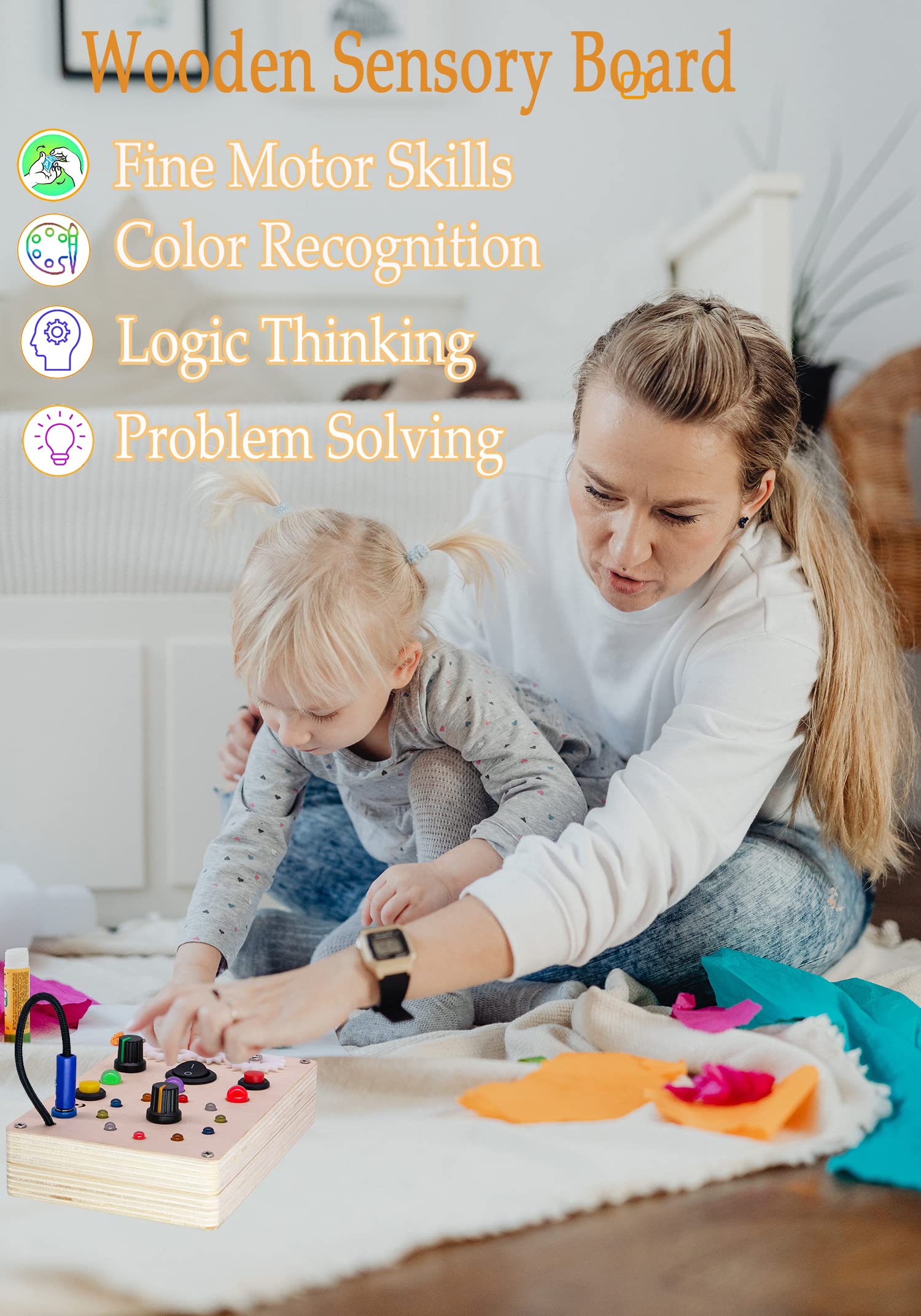 LED Light Busy Board for Baby Activity Button Switch Board Montessori Wooden Sensory Board Preschool Learning Toy
