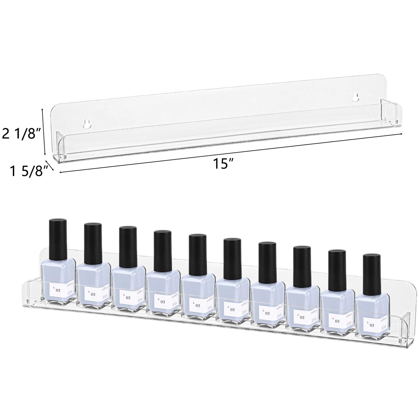 Hedume 6 Pack Nail Polish Rack Wall Mounted Shelf with Removable Anti-slip End Inserts, Nail Polish Wall Rack Shelves, Clear Acrylic Nail Polish Organizer Display for 70-90 Bottles