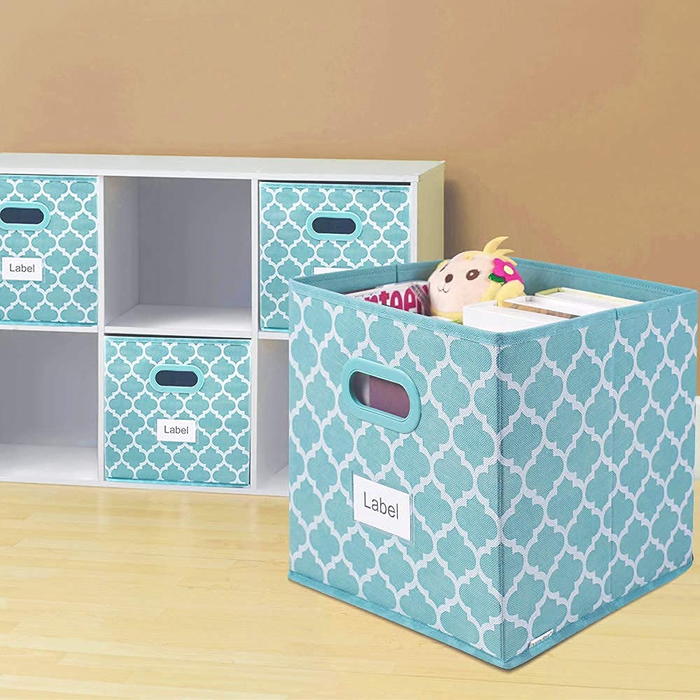 homyfort Foldable Cube Storage Bins 11x11 inches, Fabric Storage Bin Baskets Box Organizer with Labels and Dual Plastic Handles for Shelf Closet, Nursery, Set of 12 (Blue and Grey)