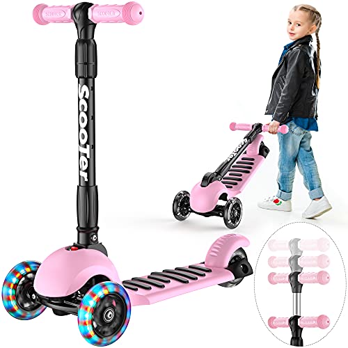 Greentest Scooter Foldable Adjustable Height Easy Turning 3 Wheel Scooter Kids Boys Girls Flashing PU Wheels