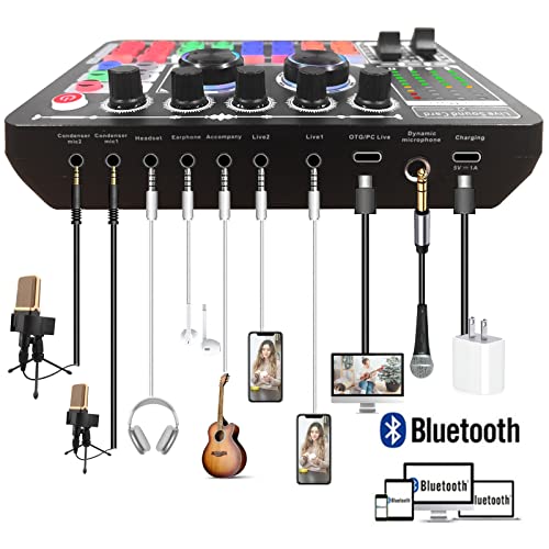 KILOGOGRAPH F999 Podcast Sound Board - Audio Mixer with Effects, Audio Interface for PC Mac iOS Android, Sound Card, Live Streaming Podcasting Recording, LED Light, DJ Mixer, Soundboard, Voice Changer