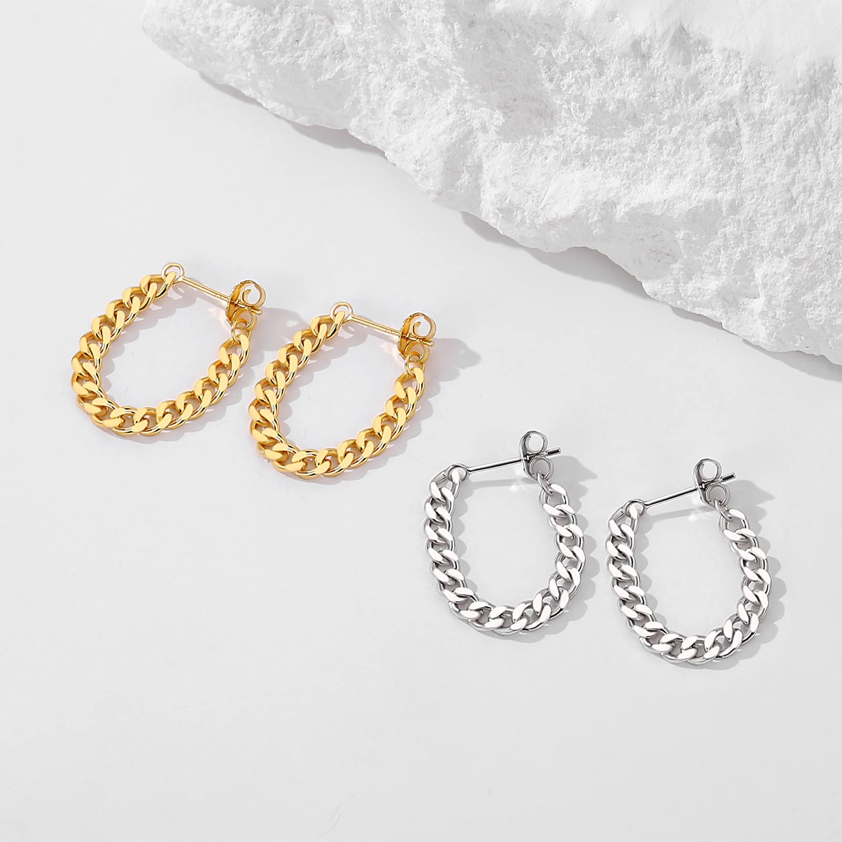 HIUS 925 Sterling Silver Cuban Link Chain Earrings for Women, 18K Gold Plated Dangle Drop Earrings, Statement Women's Chain Jewelry