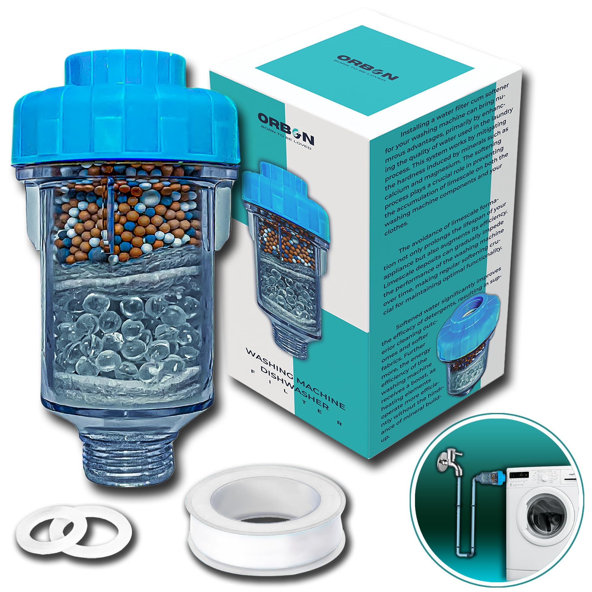 ORBON Hard Water Filter for Washing Machine | Washing Machine Inline Water Filter | Washing Machine Hose Filter | 3/4" BSP Thread | With Teflon Tape | For Fully Automatic Washing Machines | 1 Unit