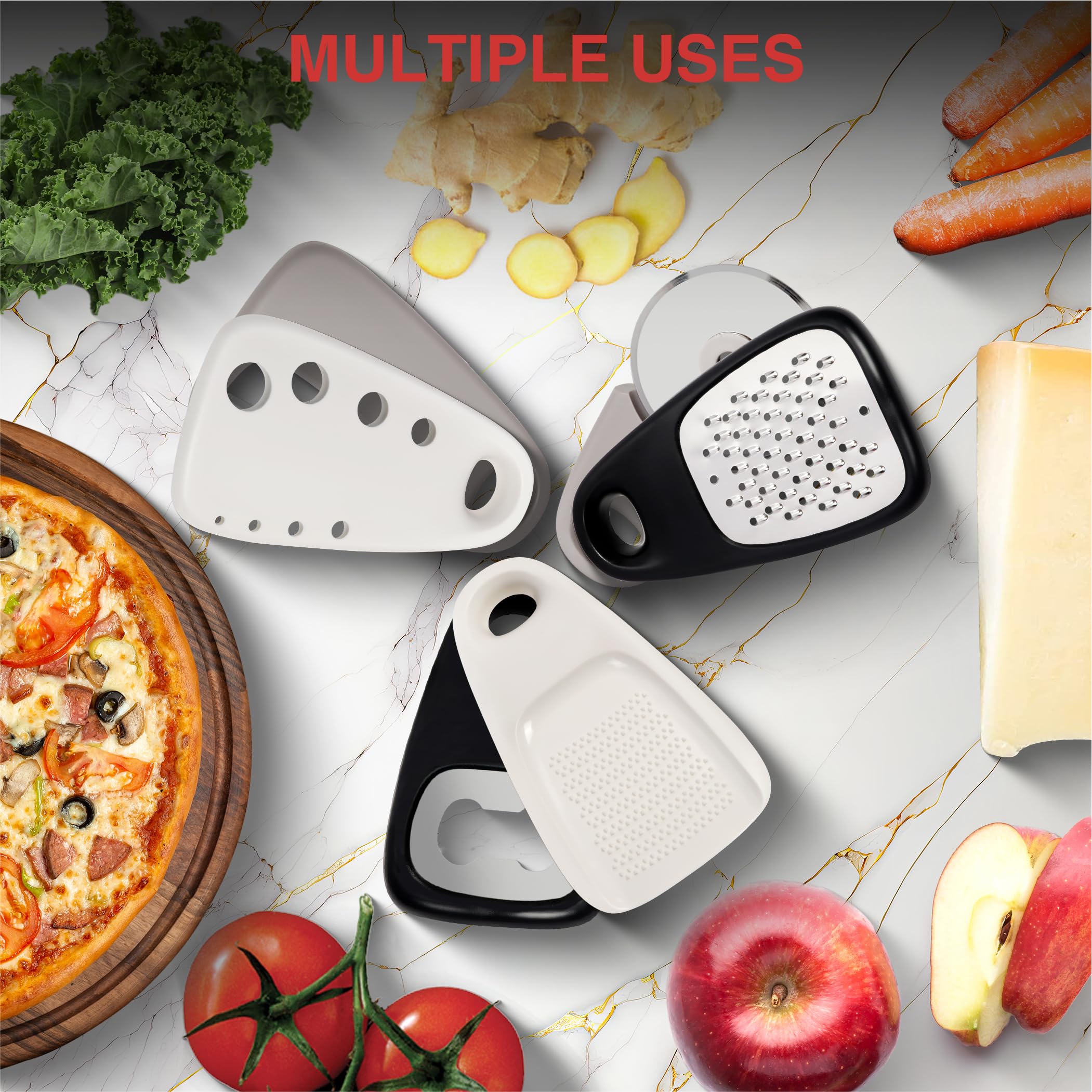 Kitchen Gadget, 6 Piece Set, Space Saving, Camper must haves, RV Accessories, Cheese Grater, Bottle Opener, Fruit/Vegetable Peeler, Pizza Cutter, Garlic/Ginger Grinder,Herb Stripper, (Blk/Gray/White)