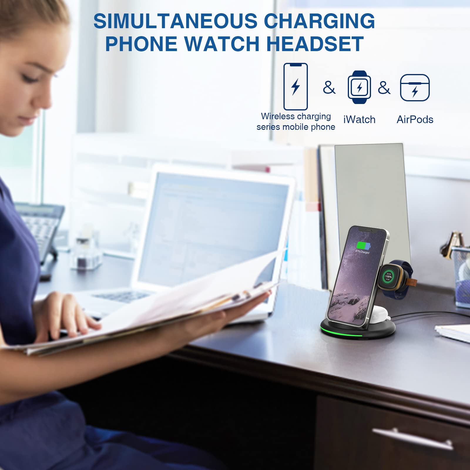 KOJACMUR 3 in 1 Charger for Fitbit Sense/Sense 2/Fitbit Versa 3/Versa 4,Wireless Charging Station Compatible for iPhone 13/14 Pro Max/12/11/8, for Samsung Galaxy S22+ S22, for AirPods Pro/3(Black)